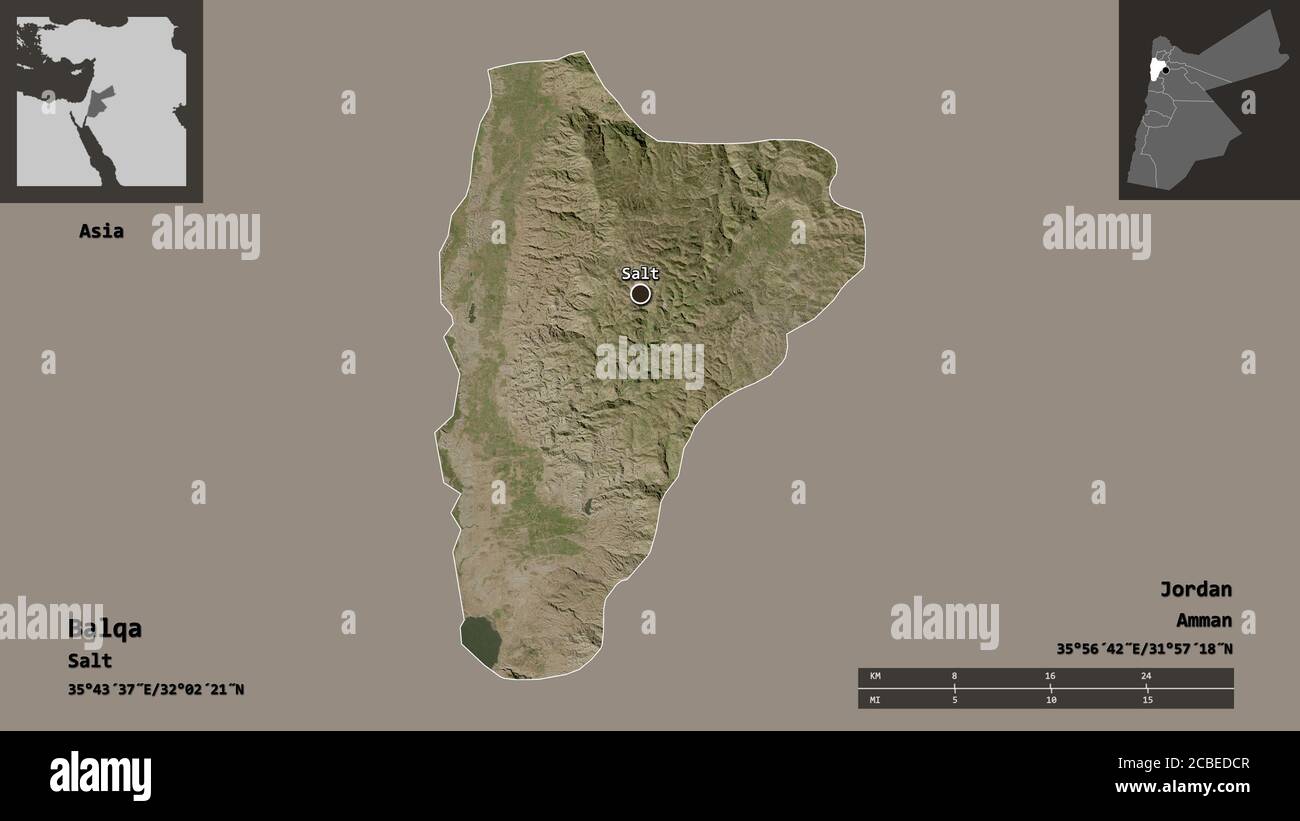 Shape of Balqa, province of Jordan, and its capital. Distance scale ...