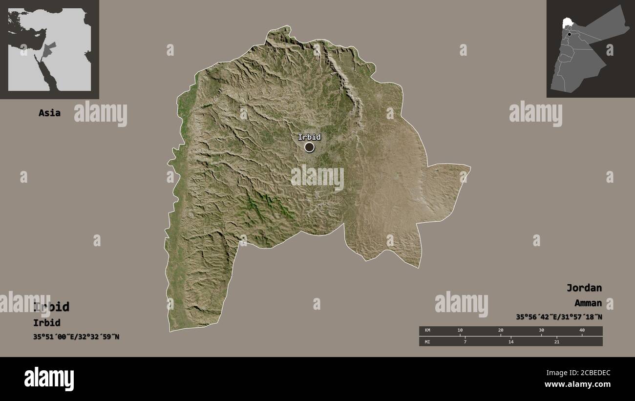 Shape of Irbid, province of Jordan, and its capital. Distance scale, previews and labels ...