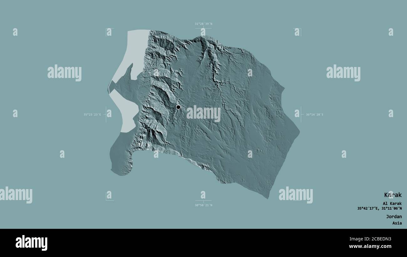 Area of Karak, province of Jordan, isolated on a solid background in a ...
