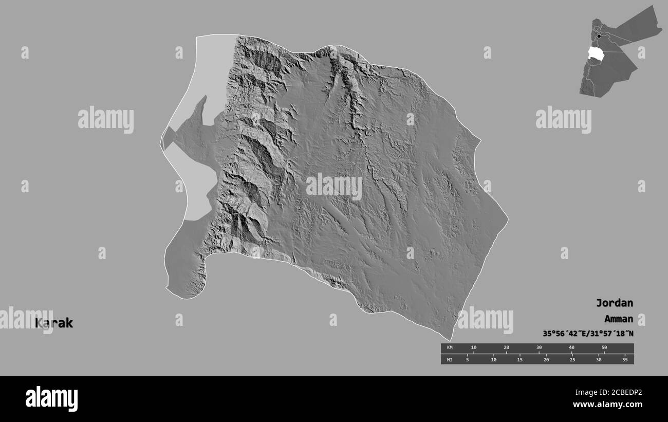 Shape of Karak, province of Jordan, with its capital isolated on solid ...