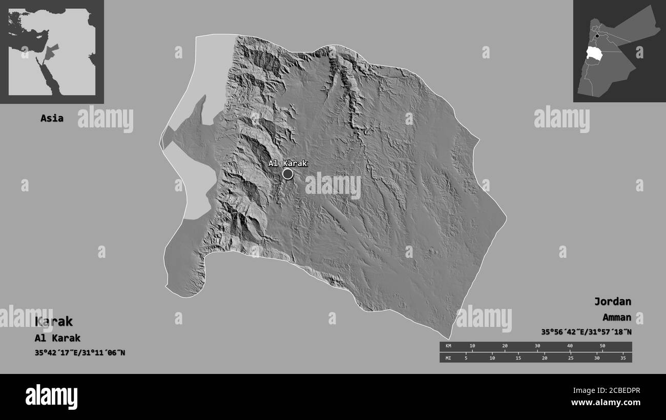 Shape of Karak, province of Jordan, and its capital. Distance scale ...