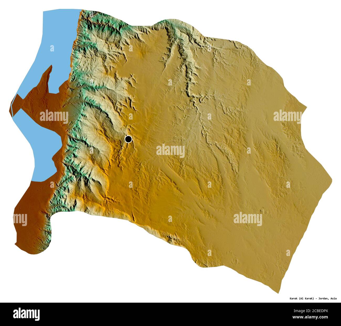 Shape of Karak, province of Jordan, with its capital isolated on white ...