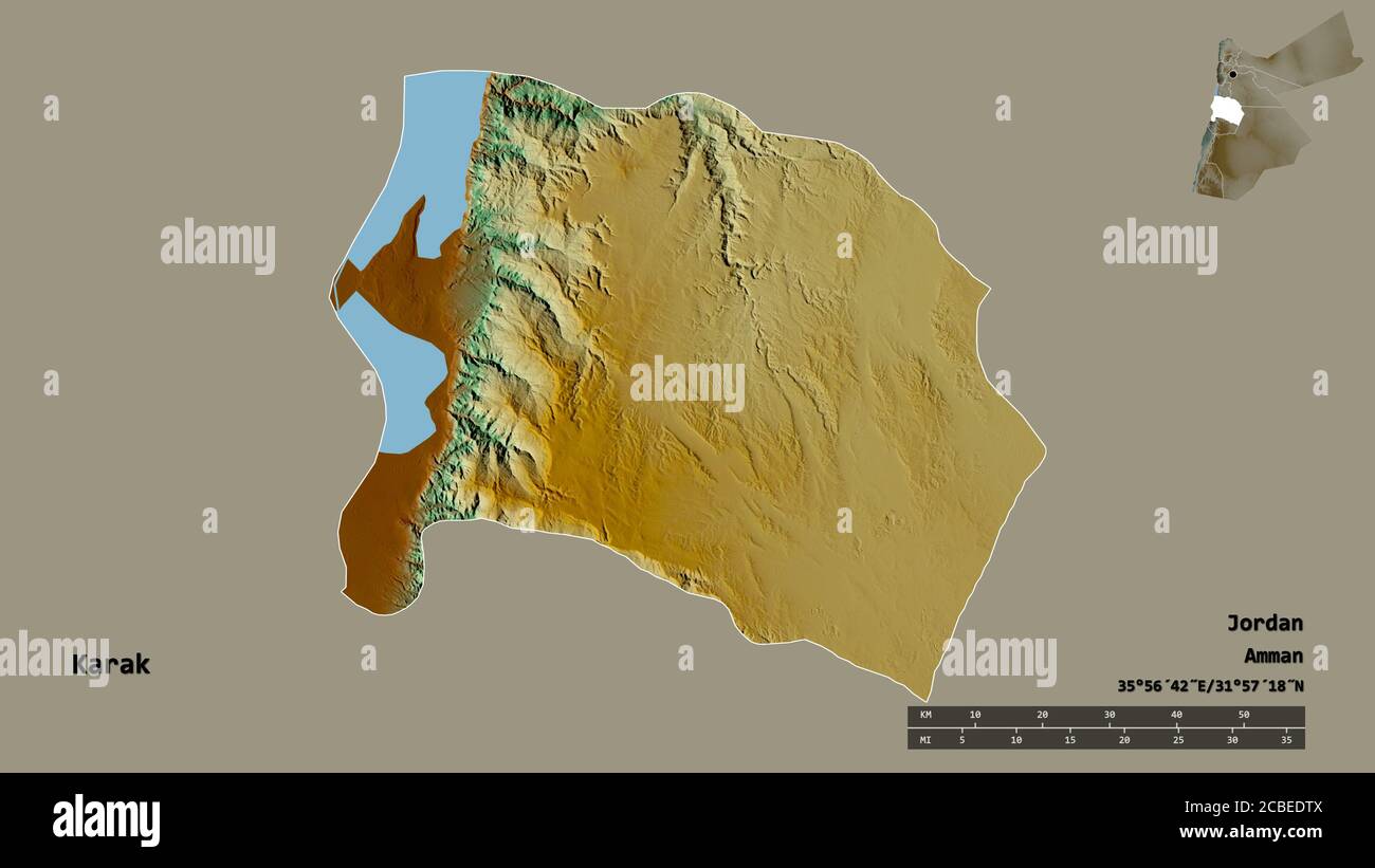 Shape of Karak, province of Jordan, with its capital isolated on solid ...