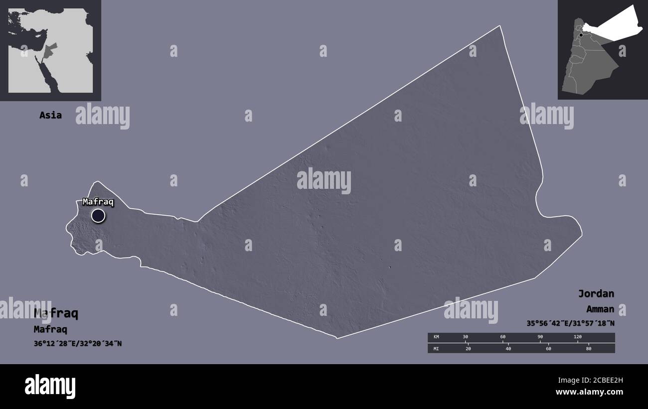Shape of Mafraq, province of Jordan, and its capital. Distance scale ...