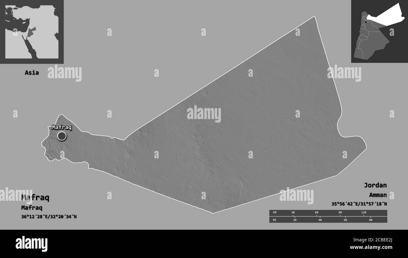Shape of Mafraq, province of Jordan, and its capital. Distance scale ...