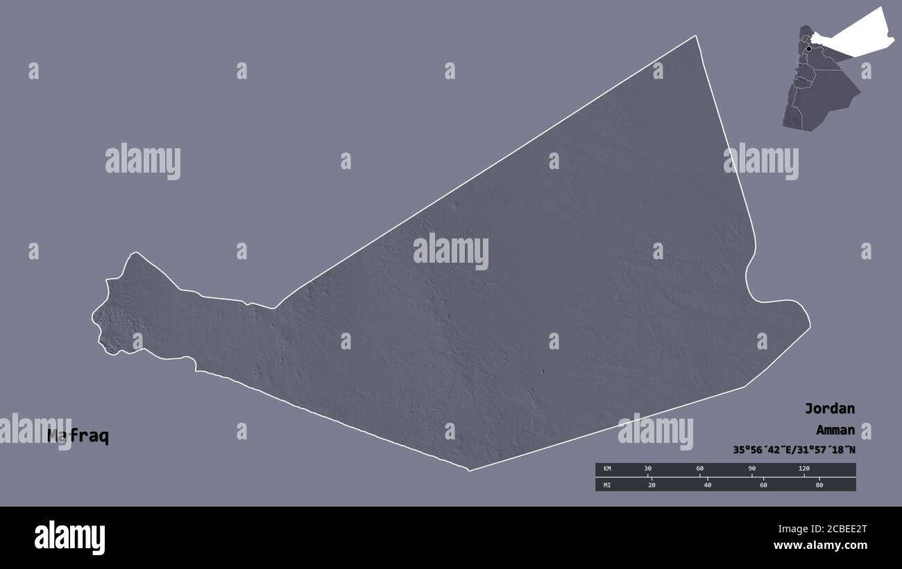 Shape of Mafraq, province of Jordan, with its capital isolated on solid ...