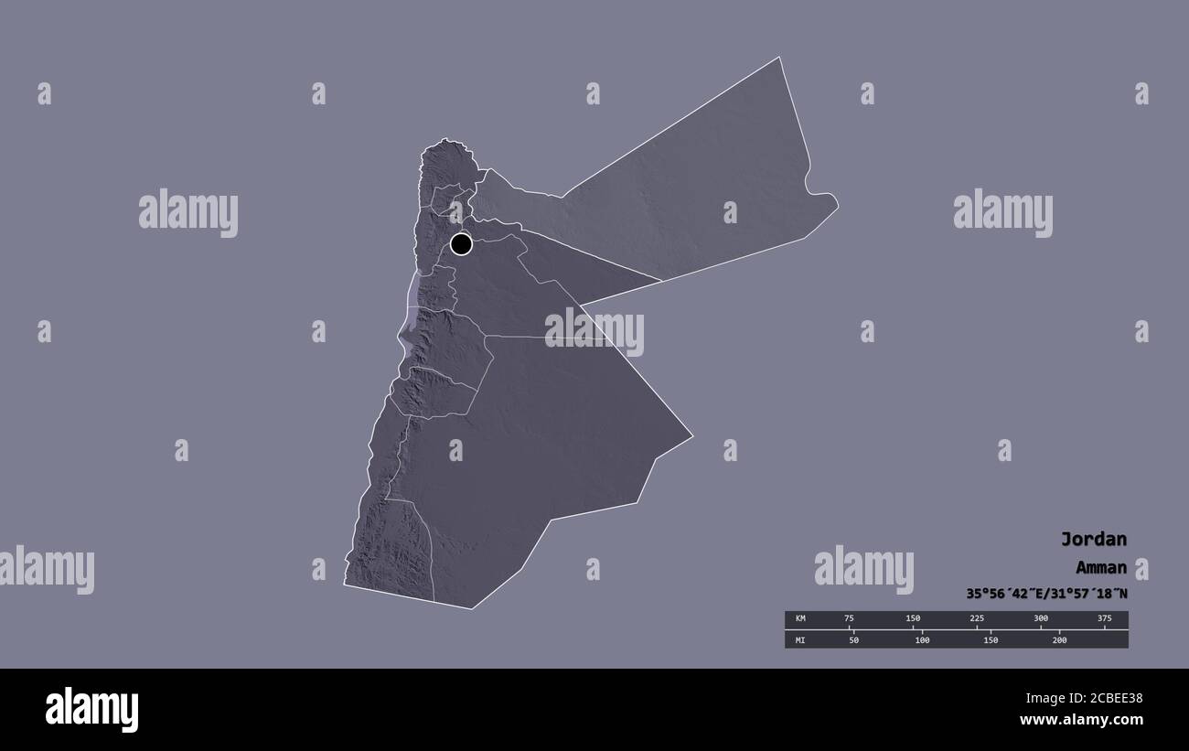 Desaturated shape of Jordan with its capital, main regional division ...