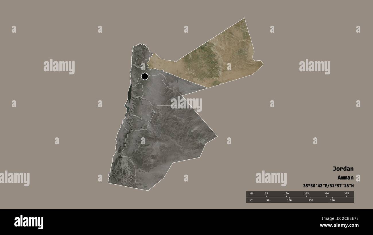Desaturated shape of Jordan with its capital, main regional division ...