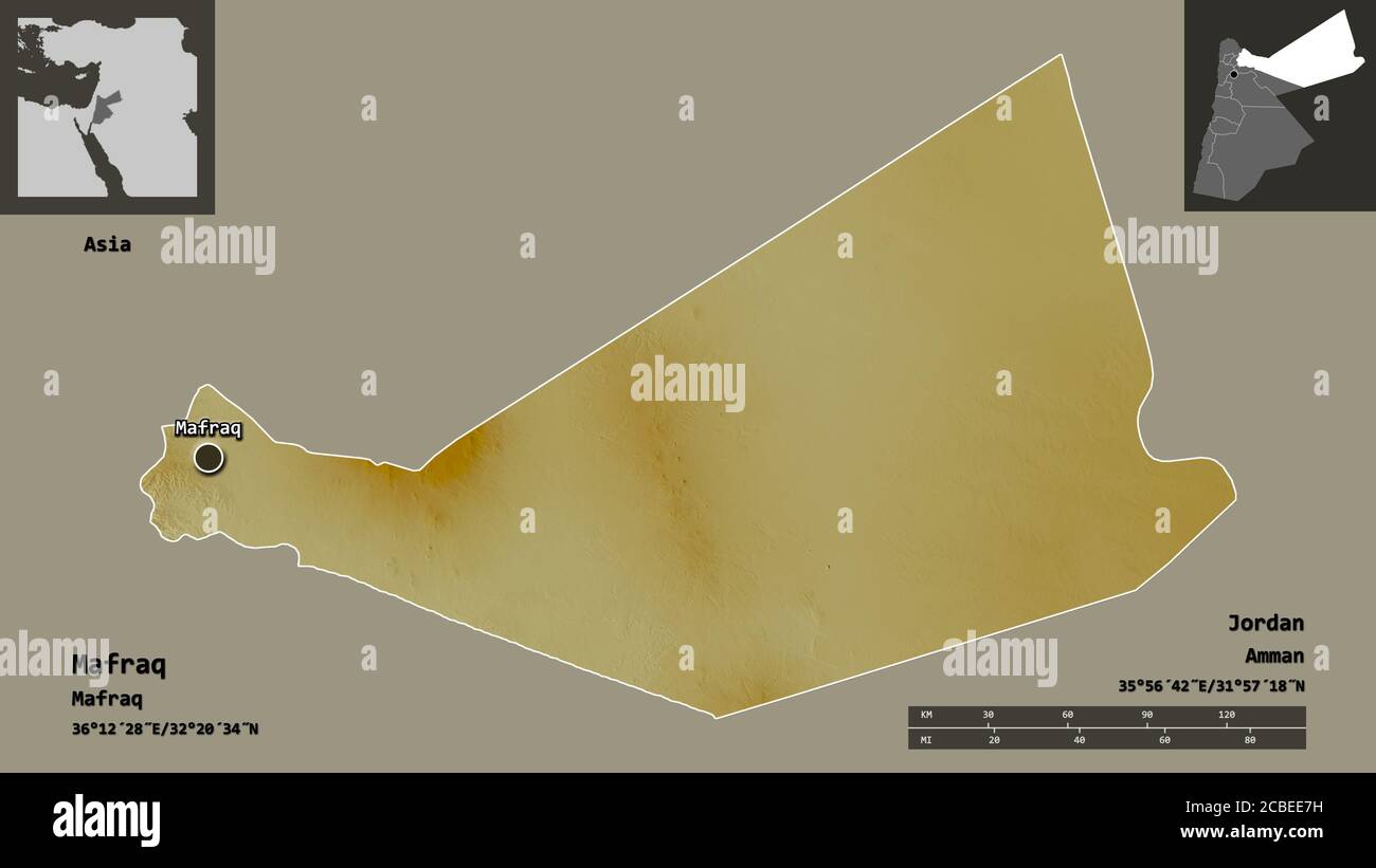 Shape of Mafraq, province of Jordan, and its capital. Distance scale ...