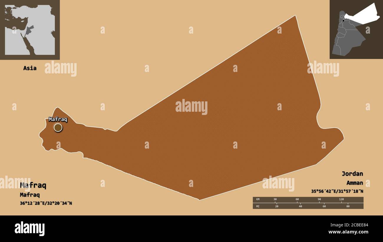 Shape of Mafraq, province of Jordan, and its capital. Distance scale ...
