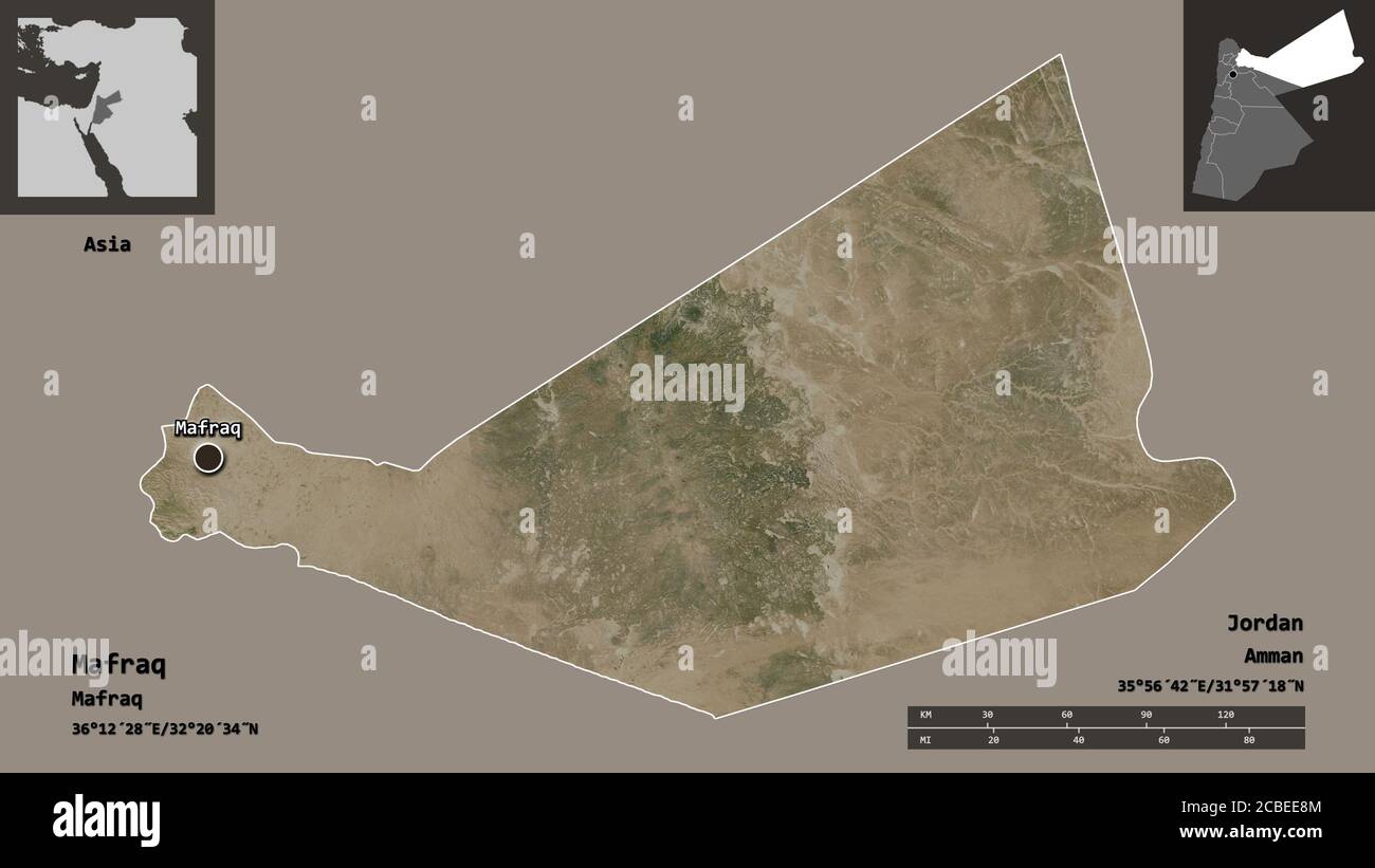 Shape of Mafraq, province of Jordan, and its capital. Distance scale ...