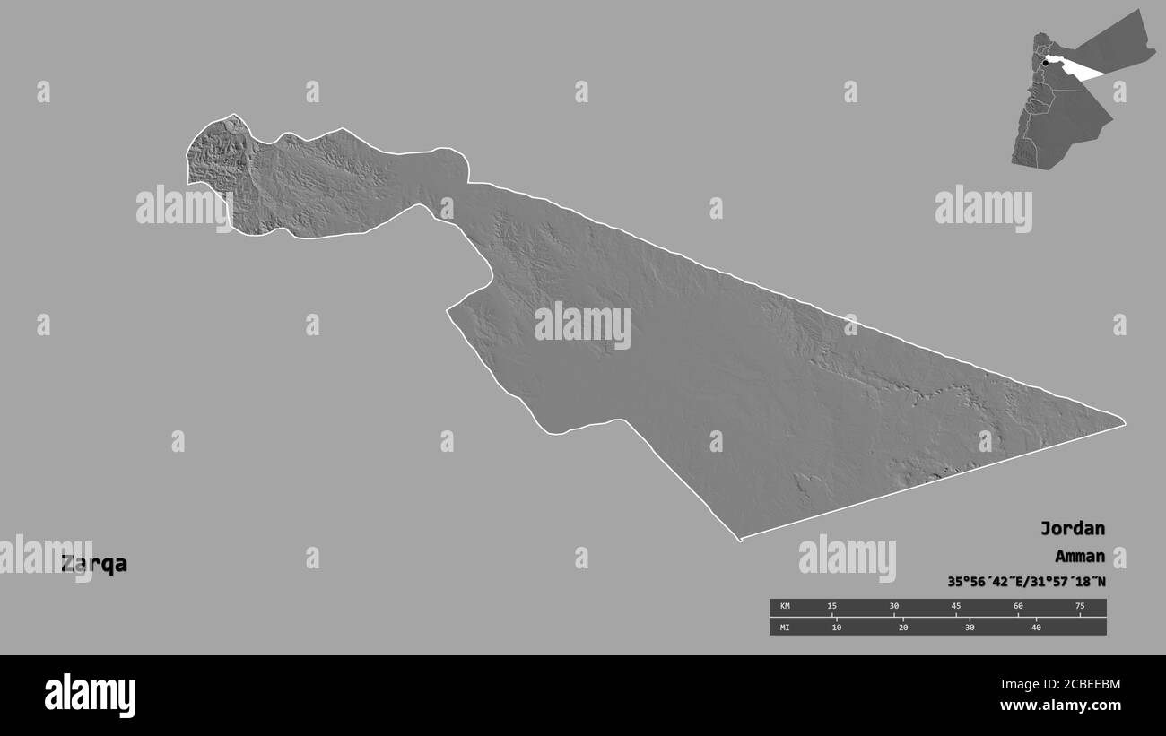 Shape of Zarqa, province of Jordan, with its capital isolated on solid ...