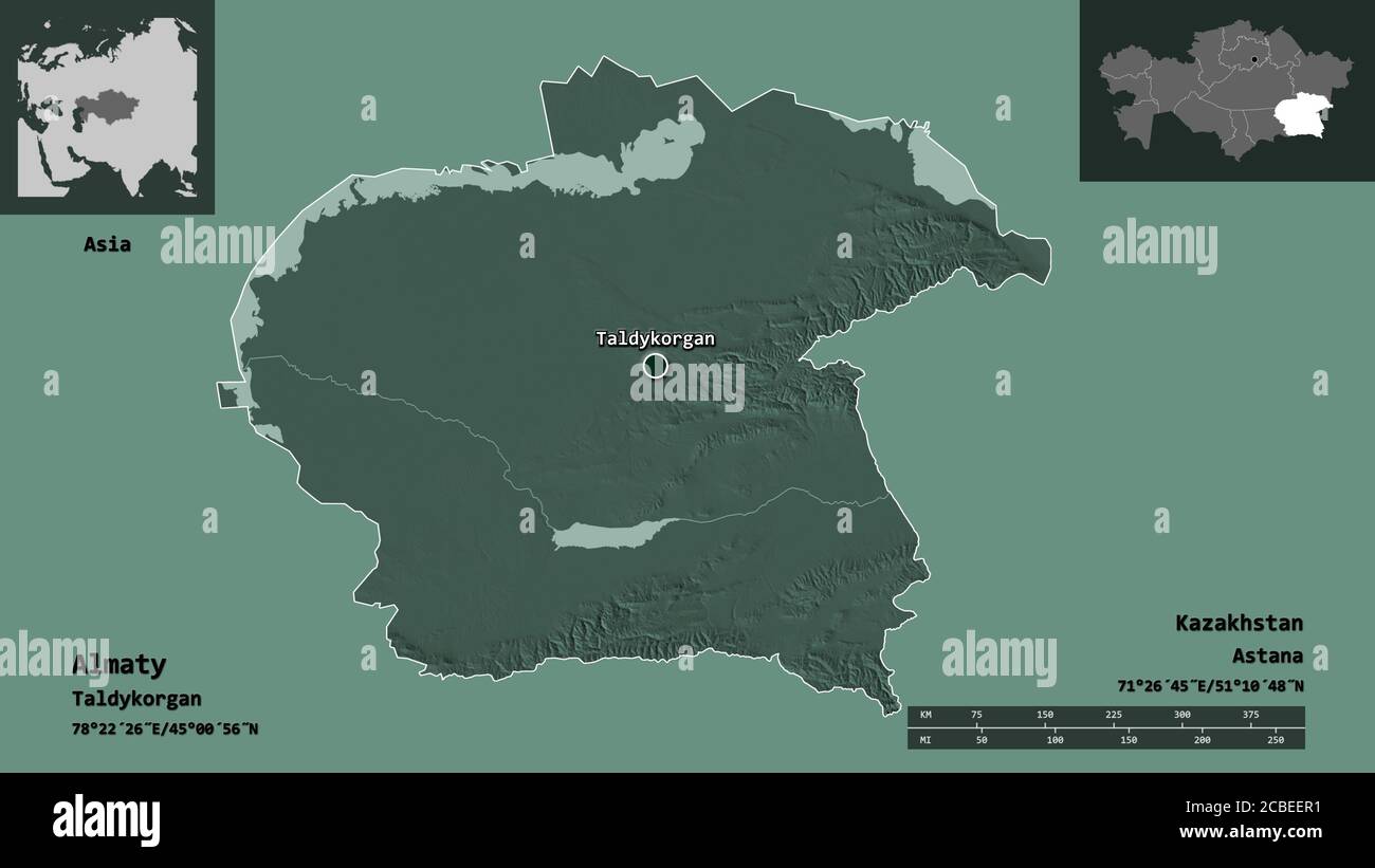 Shape of Almaty, region of Kazakhstan, and its capital. Distance scale ...