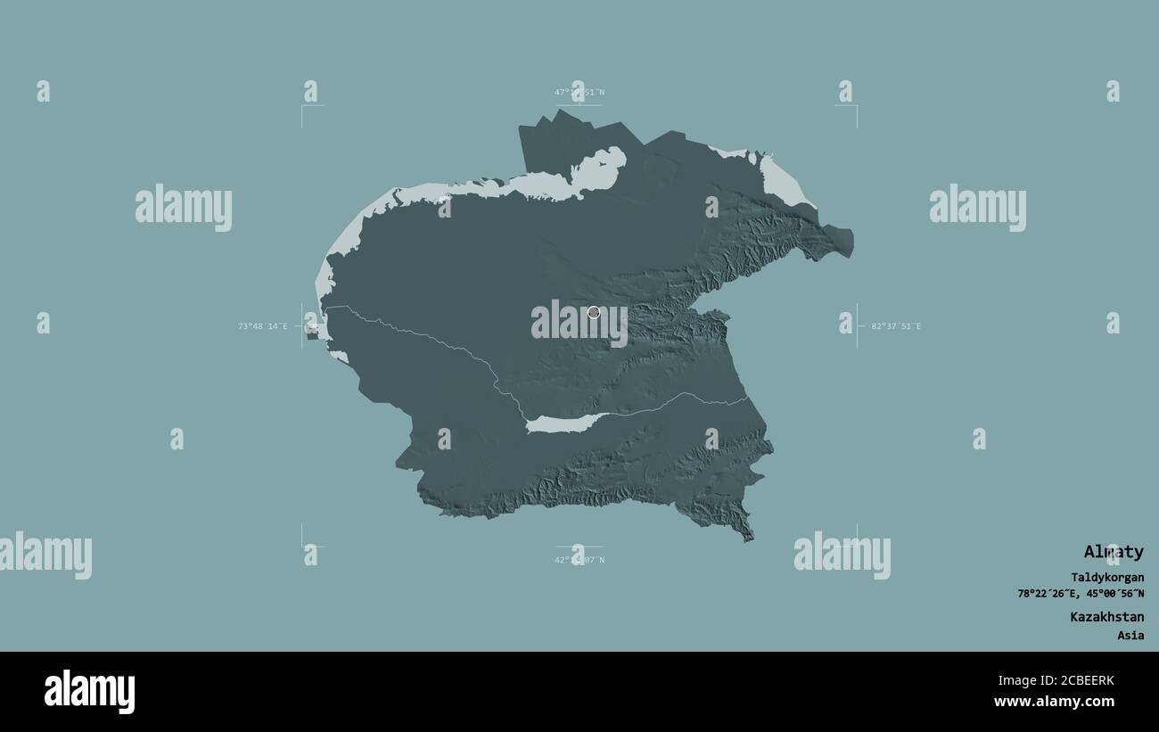 Area of Almaty, region of Kazakhstan, isolated on a solid background in ...