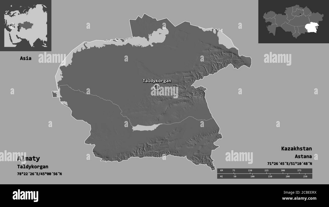 Shape of Almaty, region of Kazakhstan, and its capital. Distance scale ...