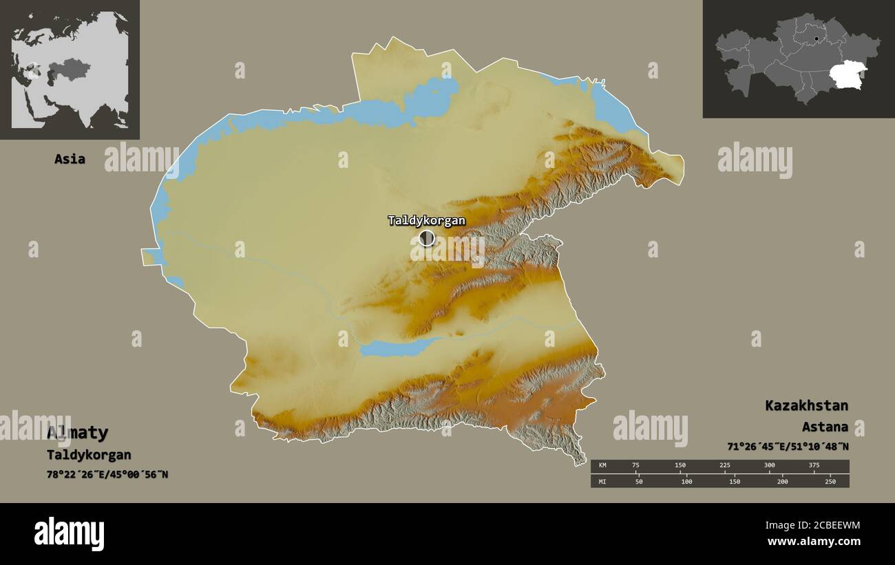 Shape of Almaty, region of Kazakhstan, and its capital. Distance scale ...