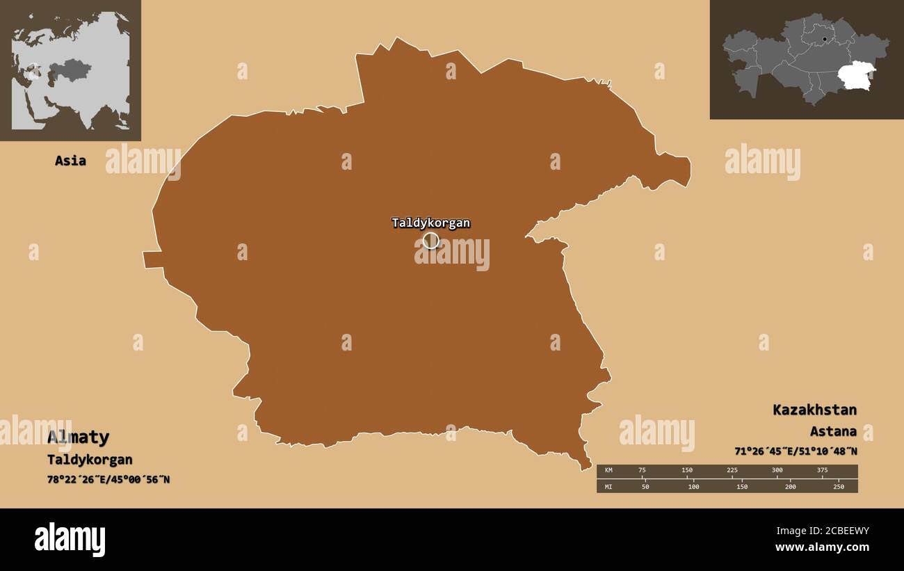 Shape of Almaty, region of Kazakhstan, and its capital. Distance scale ...