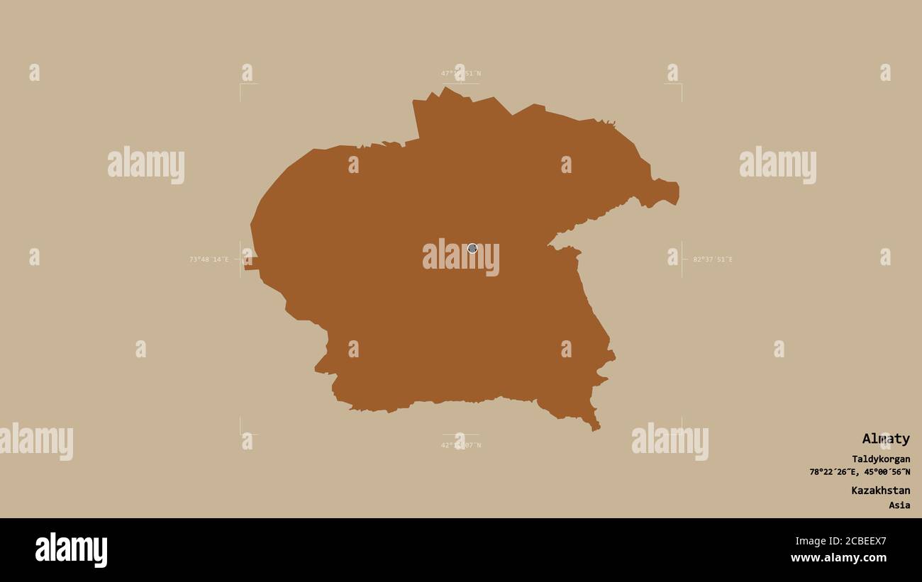 Area of Almaty, region of Kazakhstan, isolated on a solid background in ...