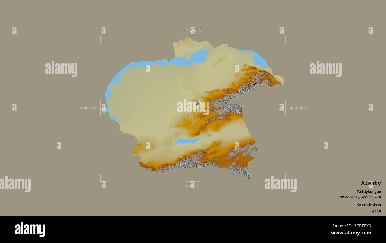 Area of Almaty, region of Kazakhstan, isolated on a solid background in ...