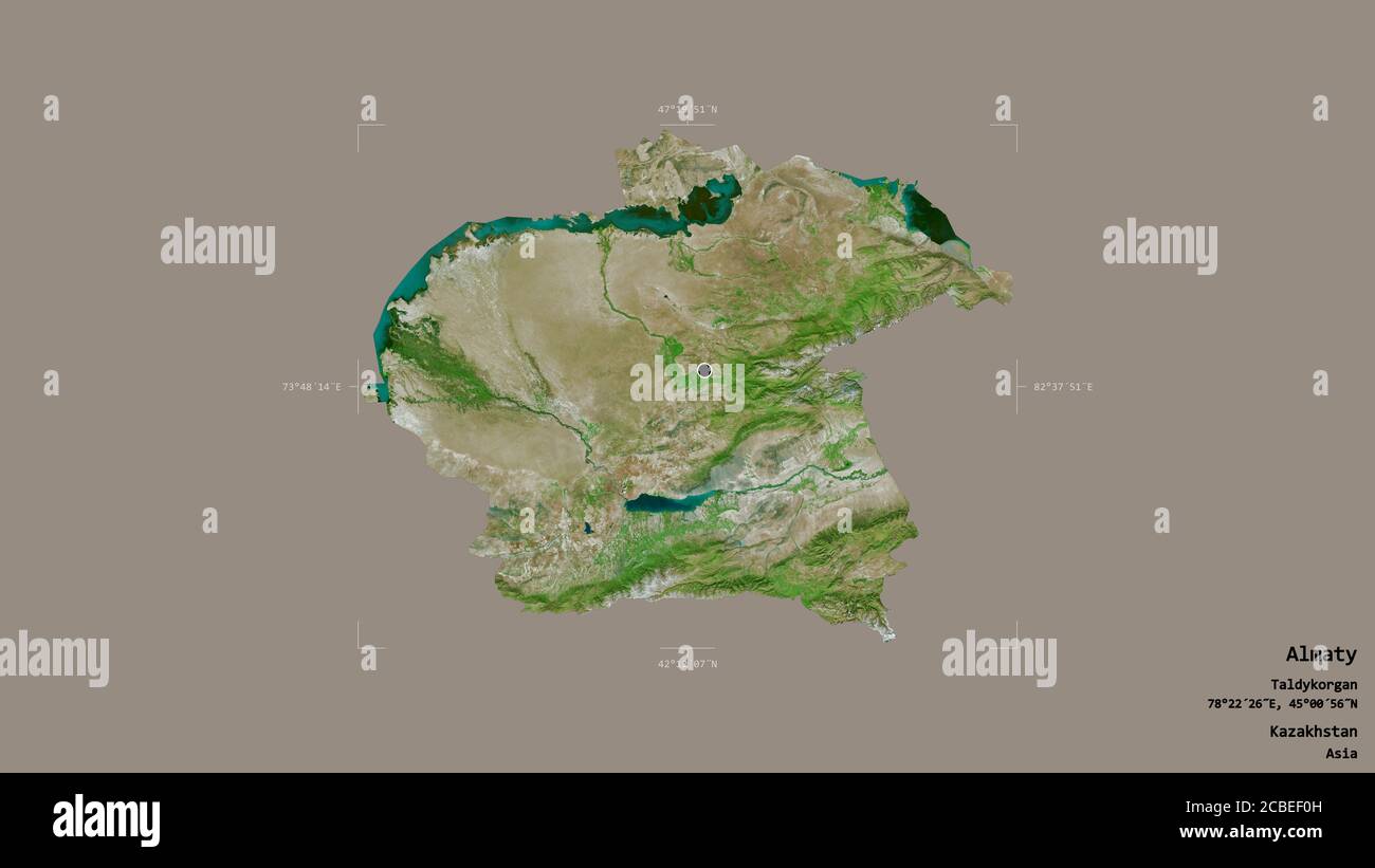 Area of Almaty, region of Kazakhstan, isolated on a solid background in ...