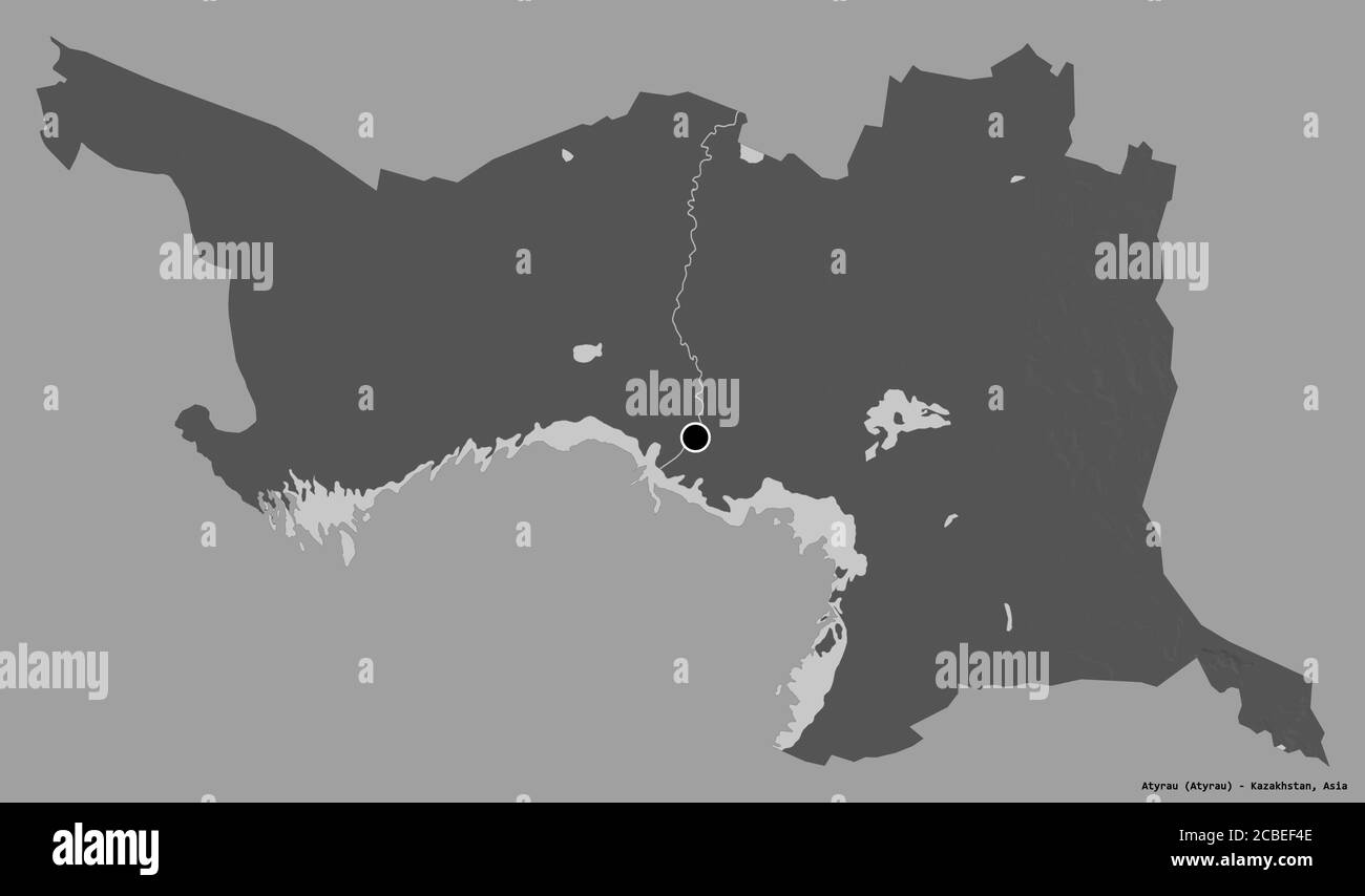 Shape of Atyrau, region of Kazakhstan, with its capital isolated on a ...