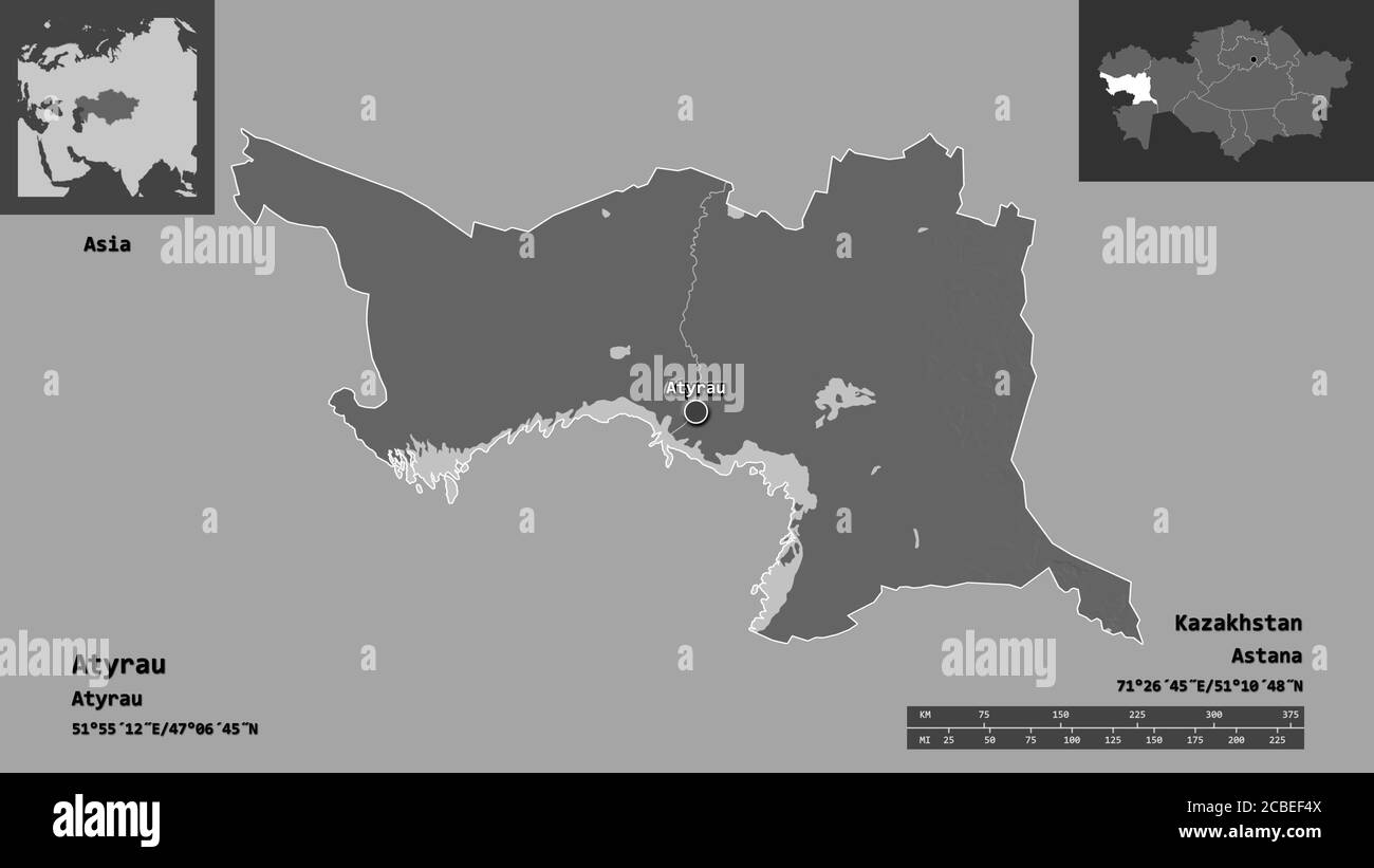Shape of Atyrau, region of Kazakhstan, and its capital. Distance scale ...