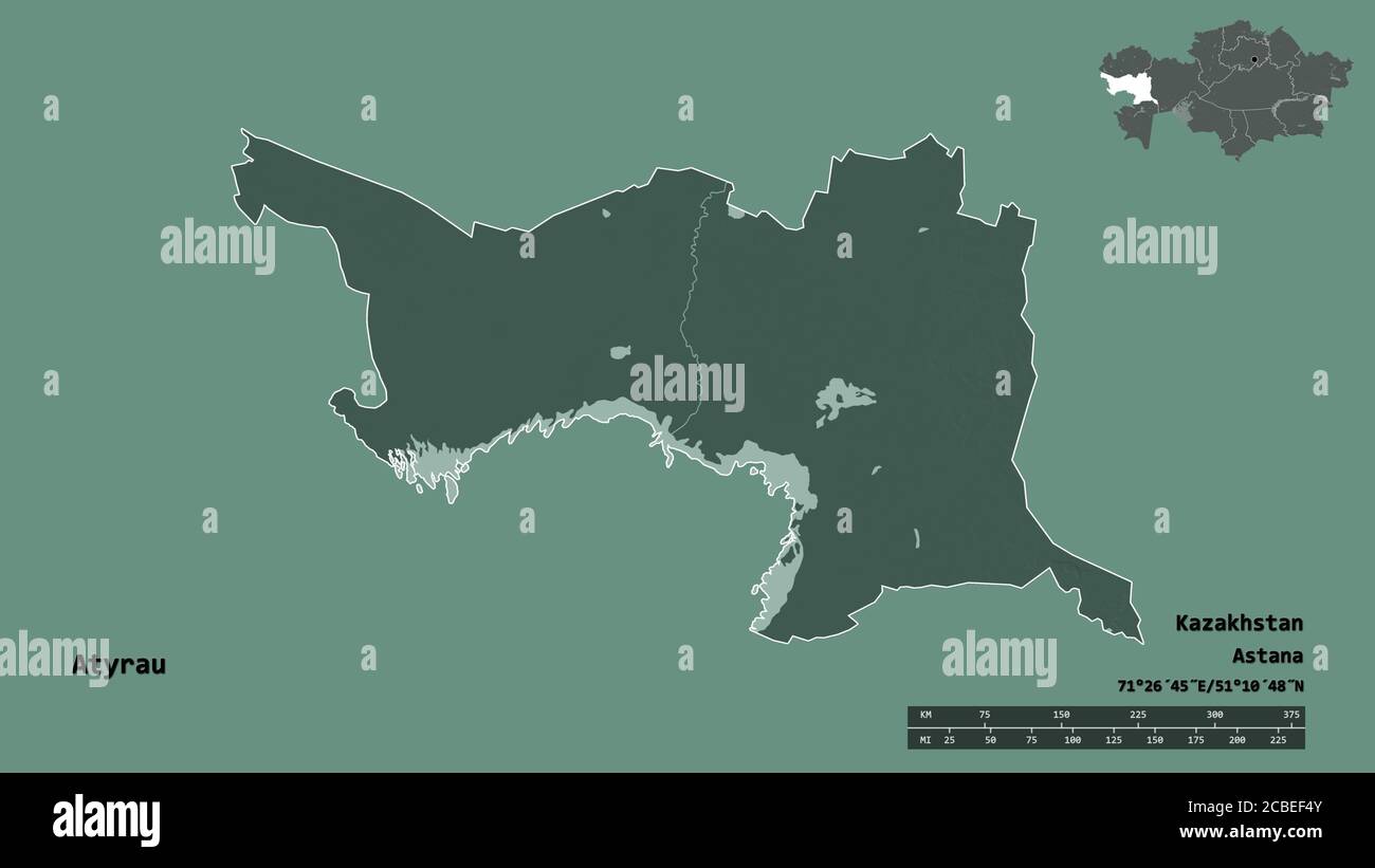 Shape of Atyrau, region of Kazakhstan, with its capital isolated on ...