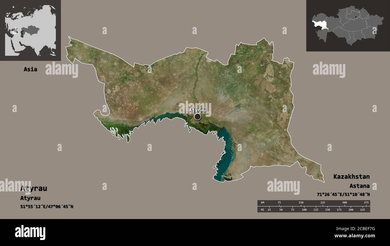 Shape of Atyrau, region of Kazakhstan, and its capital. Distance scale ...