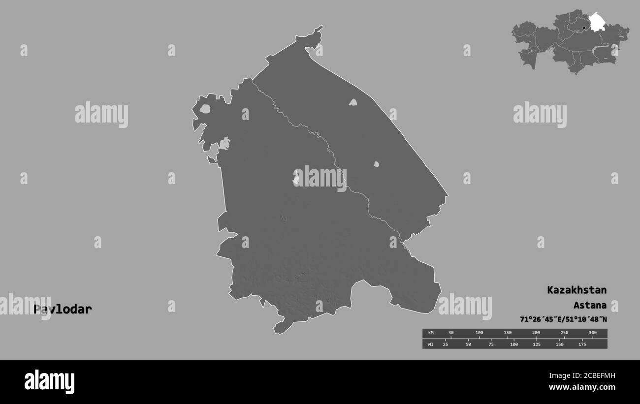 Shape of Pavlodar, region of Kazakhstan, with its capital isolated on ...