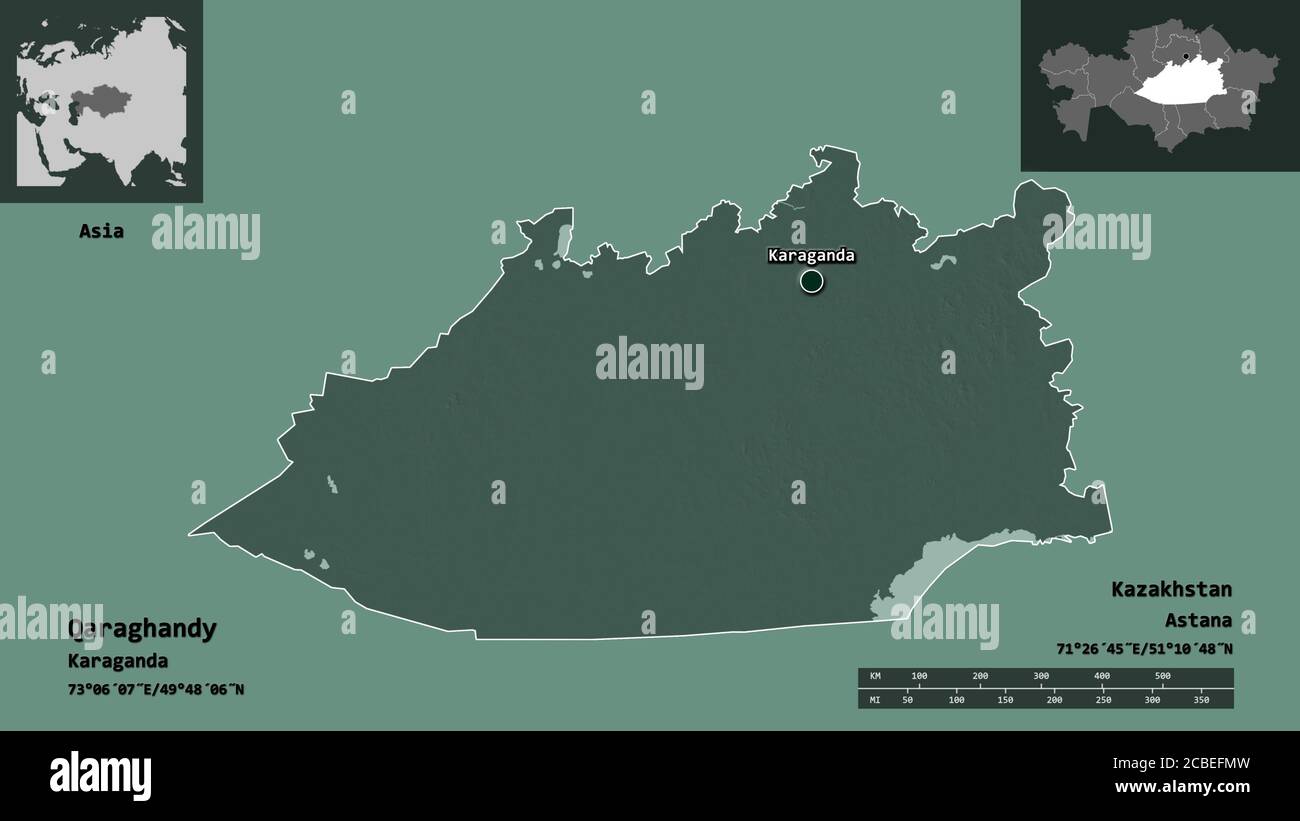 Shape of Qaraghandy, region of Kazakhstan, and its capital. Distance ...