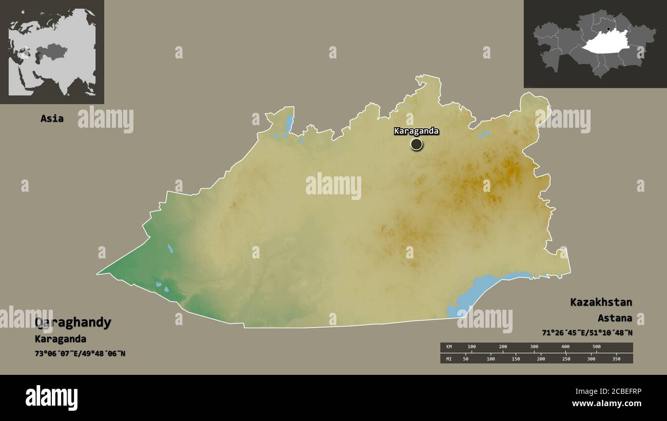 Shape of Qaraghandy, region of Kazakhstan, and its capital. Distance ...