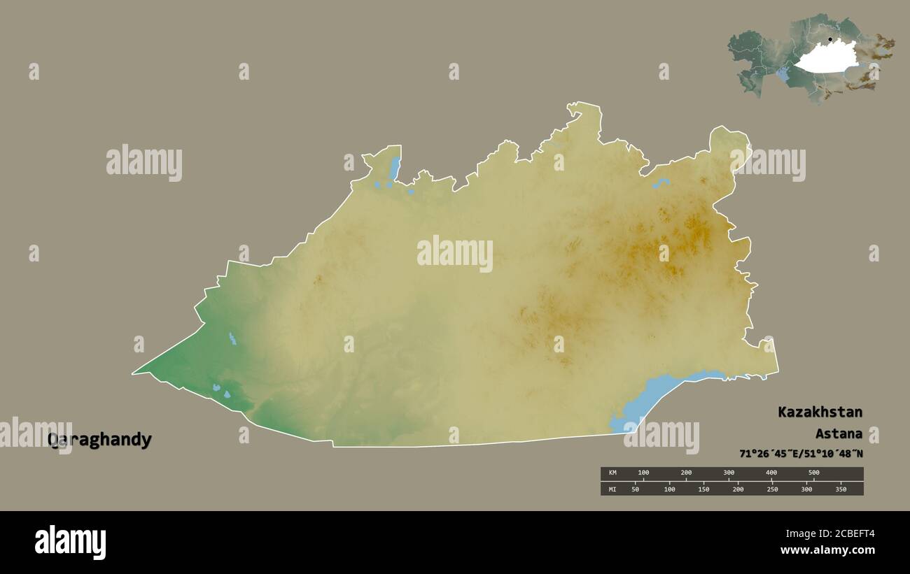 Shape of Qaraghandy, region of Kazakhstan, with its capital isolated on ...