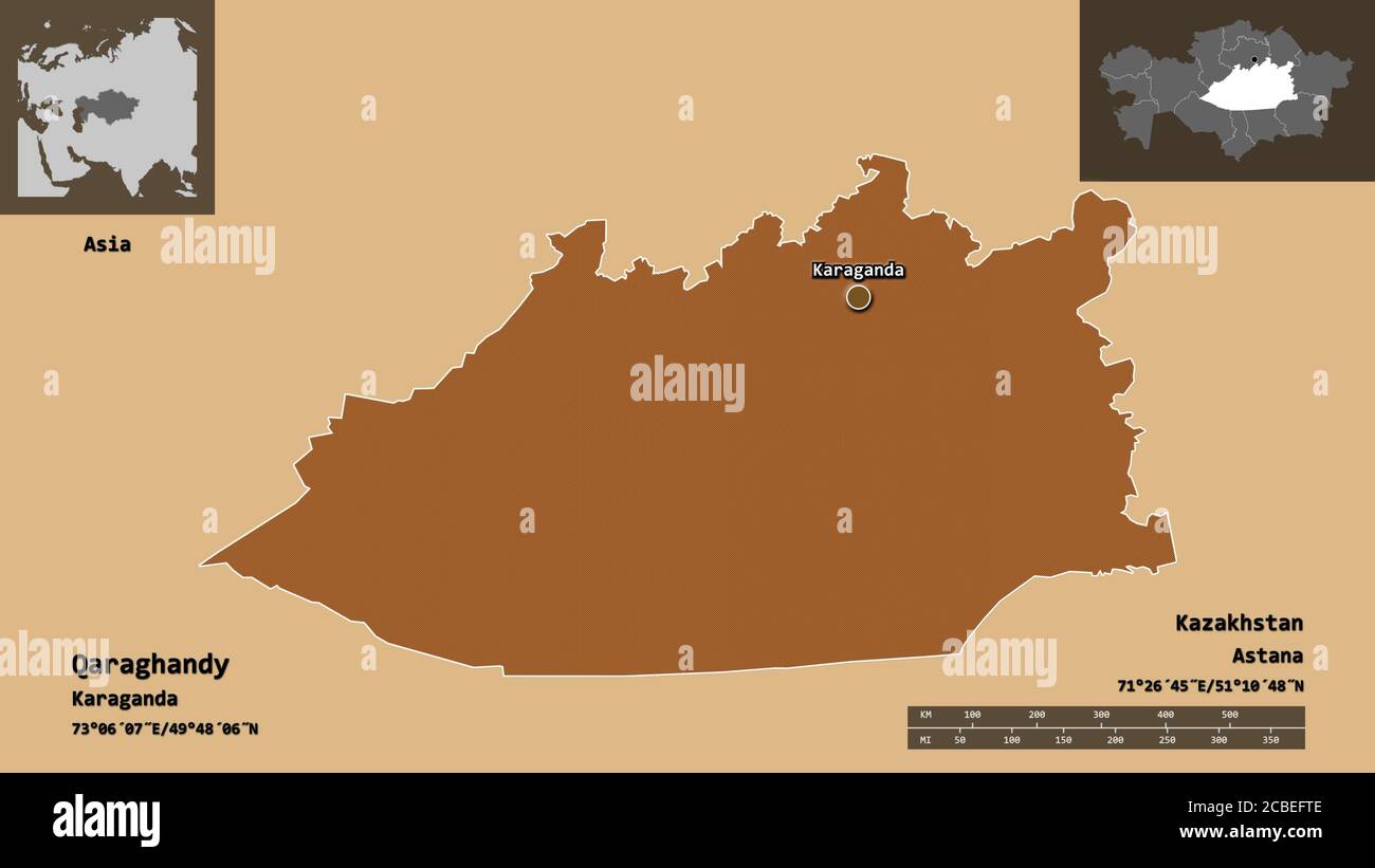 Shape of Qaraghandy, region of Kazakhstan, and its capital. Distance ...