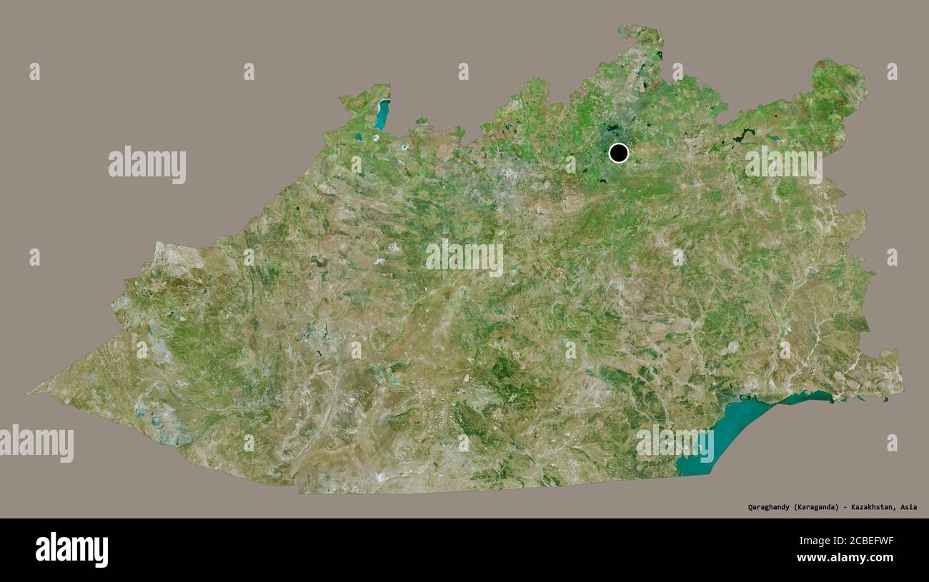 Shape of Qaraghandy, region of Kazakhstan, with its capital isolated on ...