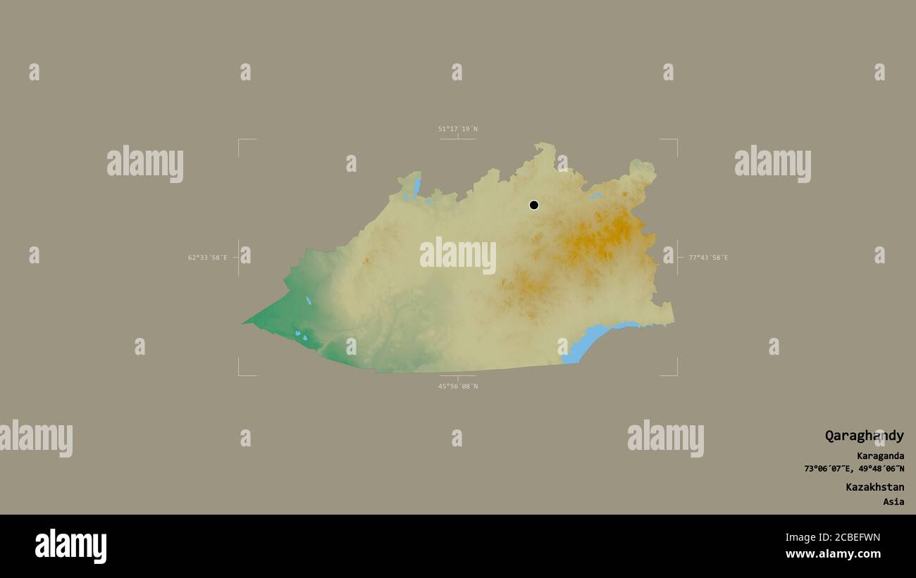 Area of Qaraghandy, region of Kazakhstan, isolated on a solid ...