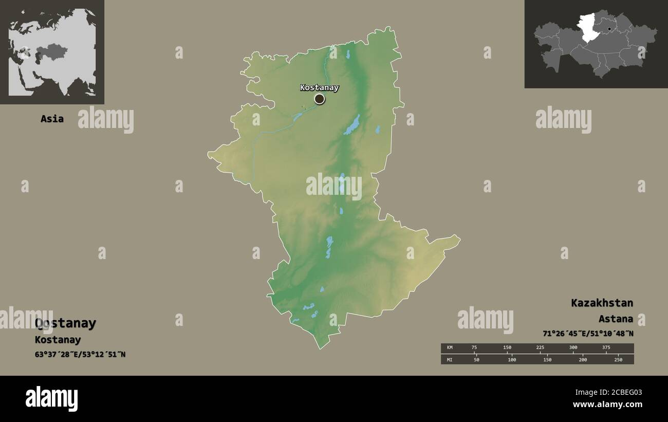 Shape of Qostanay, region of Kazakhstan, and its capital. Distance ...