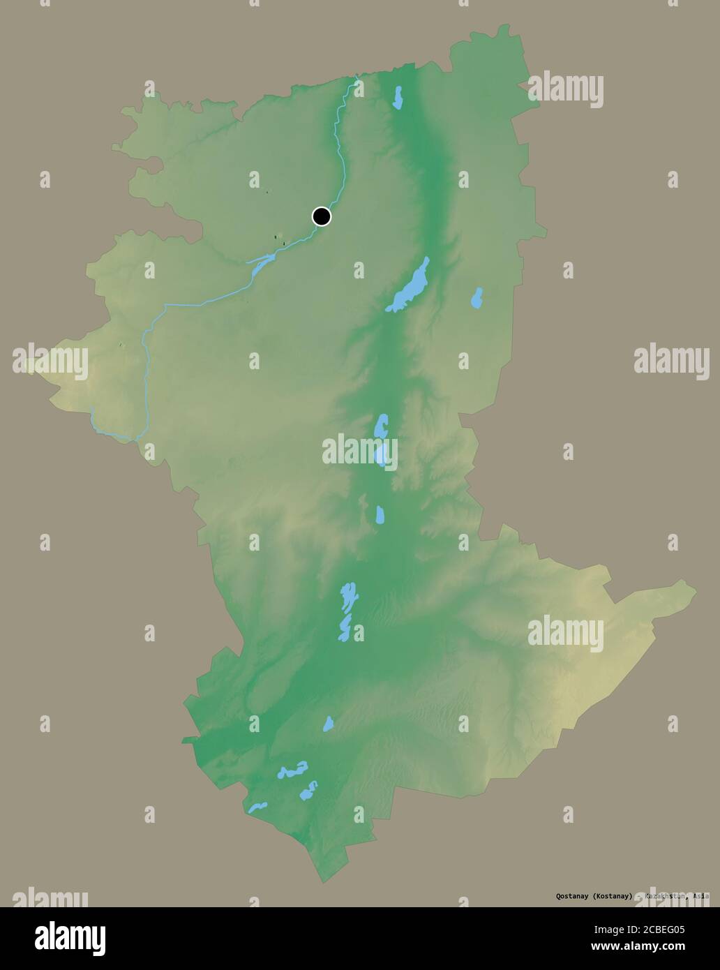 Shape of Qostanay, region of Kazakhstan, with its capital isolated on a ...