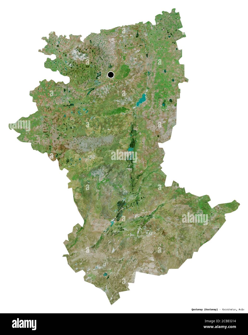 Shape of Qostanay, region of Kazakhstan, with its capital isolated on ...