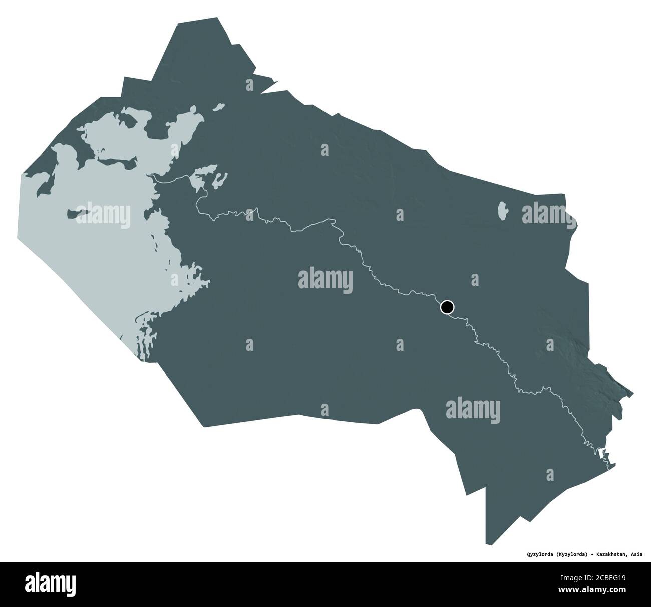 Shape of Qyzylorda, region of Kazakhstan, with its capital isolated on ...