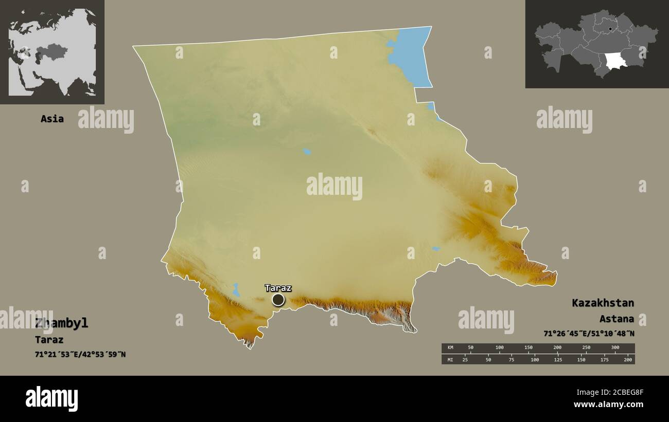 Shape of Zhambyl, region of Kazakhstan, and its capital. Distance scale ...