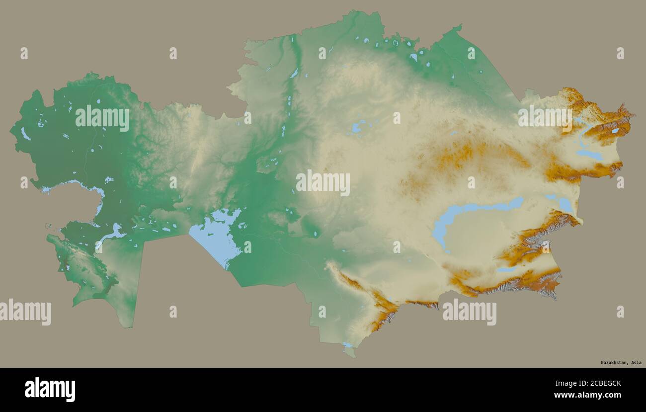 Shape of Kazakhstan with its capital isolated on a solid color background. Topographic relief ...