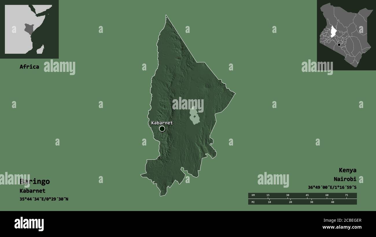Shape of Baringo, county of Kenya, and its capital. Distance scale ...
