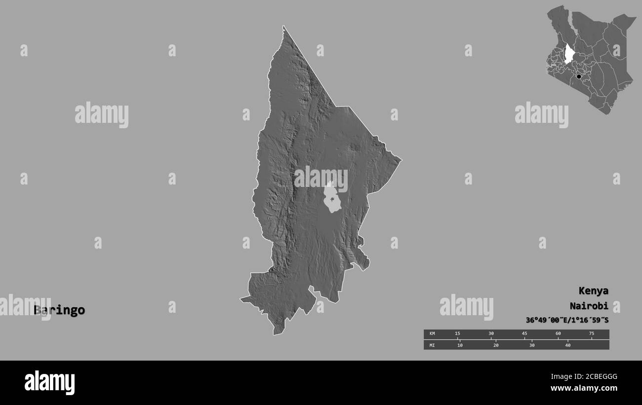 Shape of Baringo, county of Kenya, with its capital isolated on solid ...