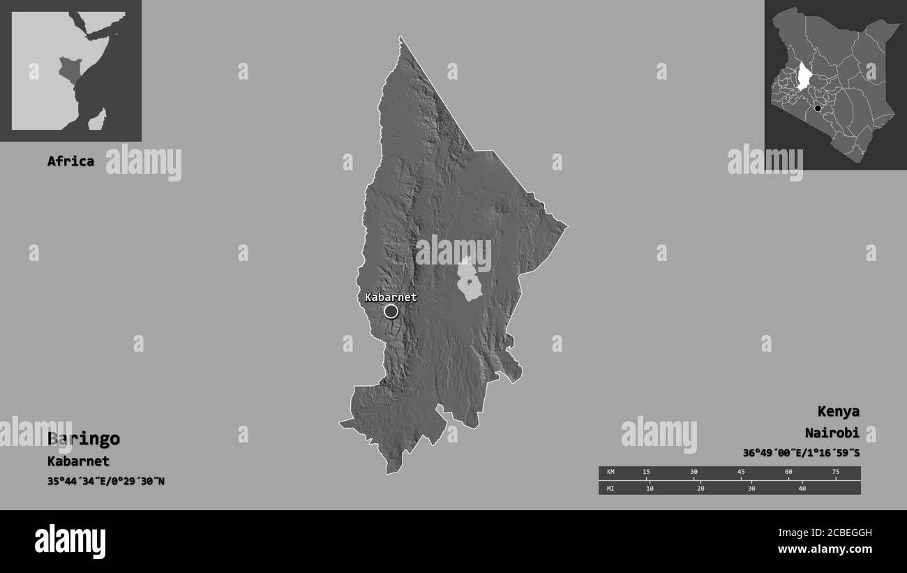 Shape of Baringo, county of Kenya, and its capital. Distance scale ...