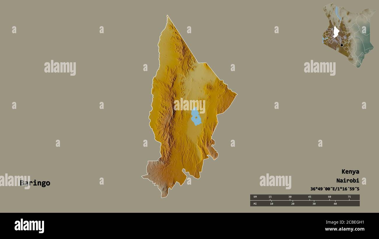 Shape of Baringo, county of Kenya, with its capital isolated on solid ...
