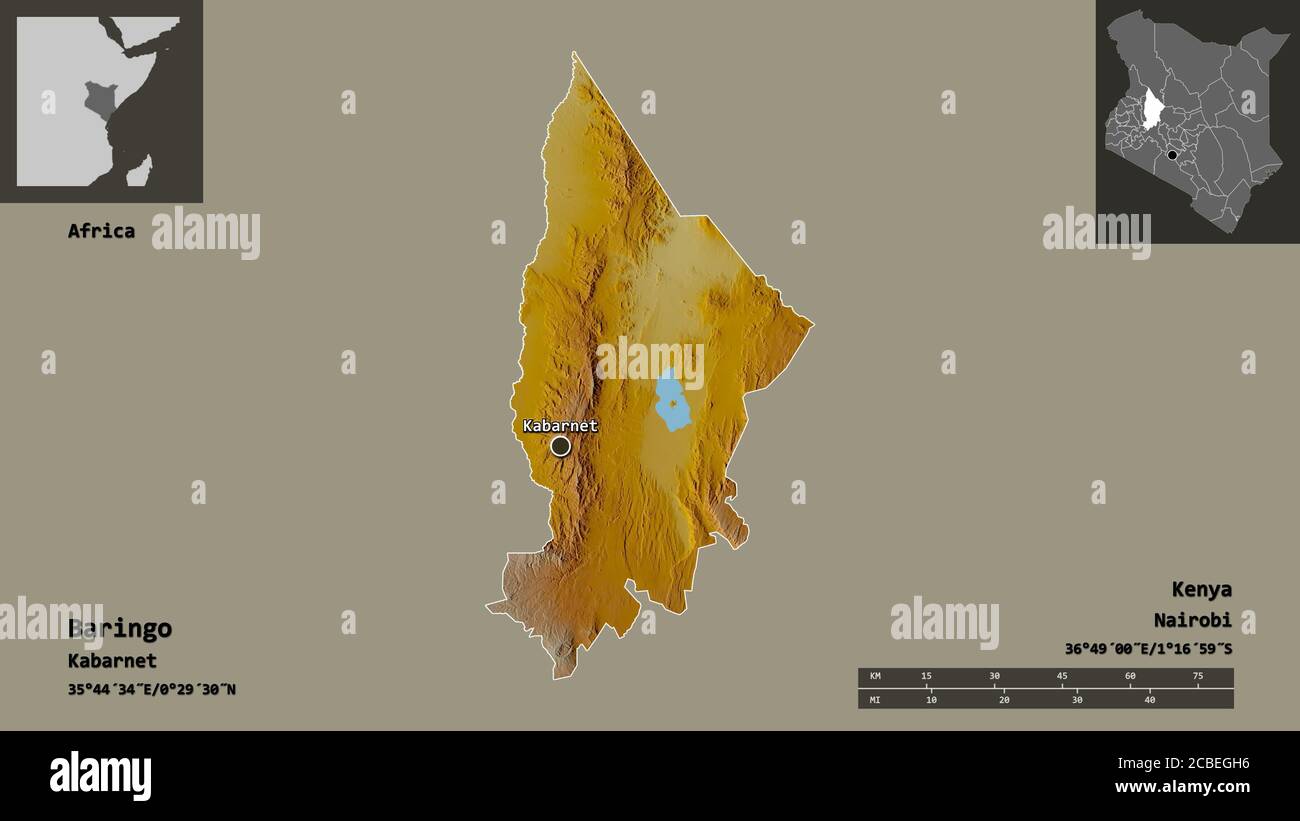 Shape of Baringo, county of Kenya, and its capital. Distance scale ...