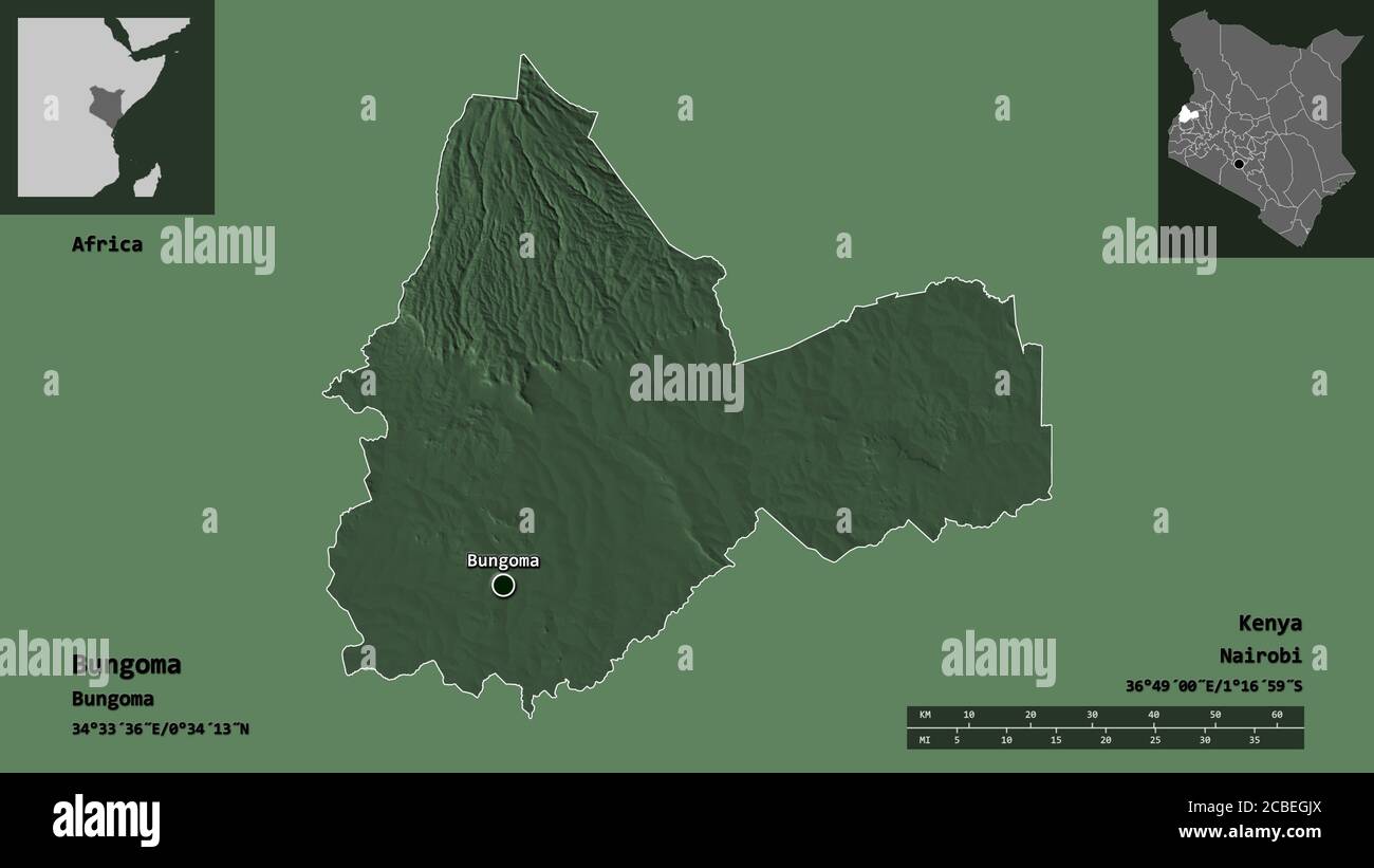 Shape of Bungoma, county of Kenya, and its capital. Distance scale ...