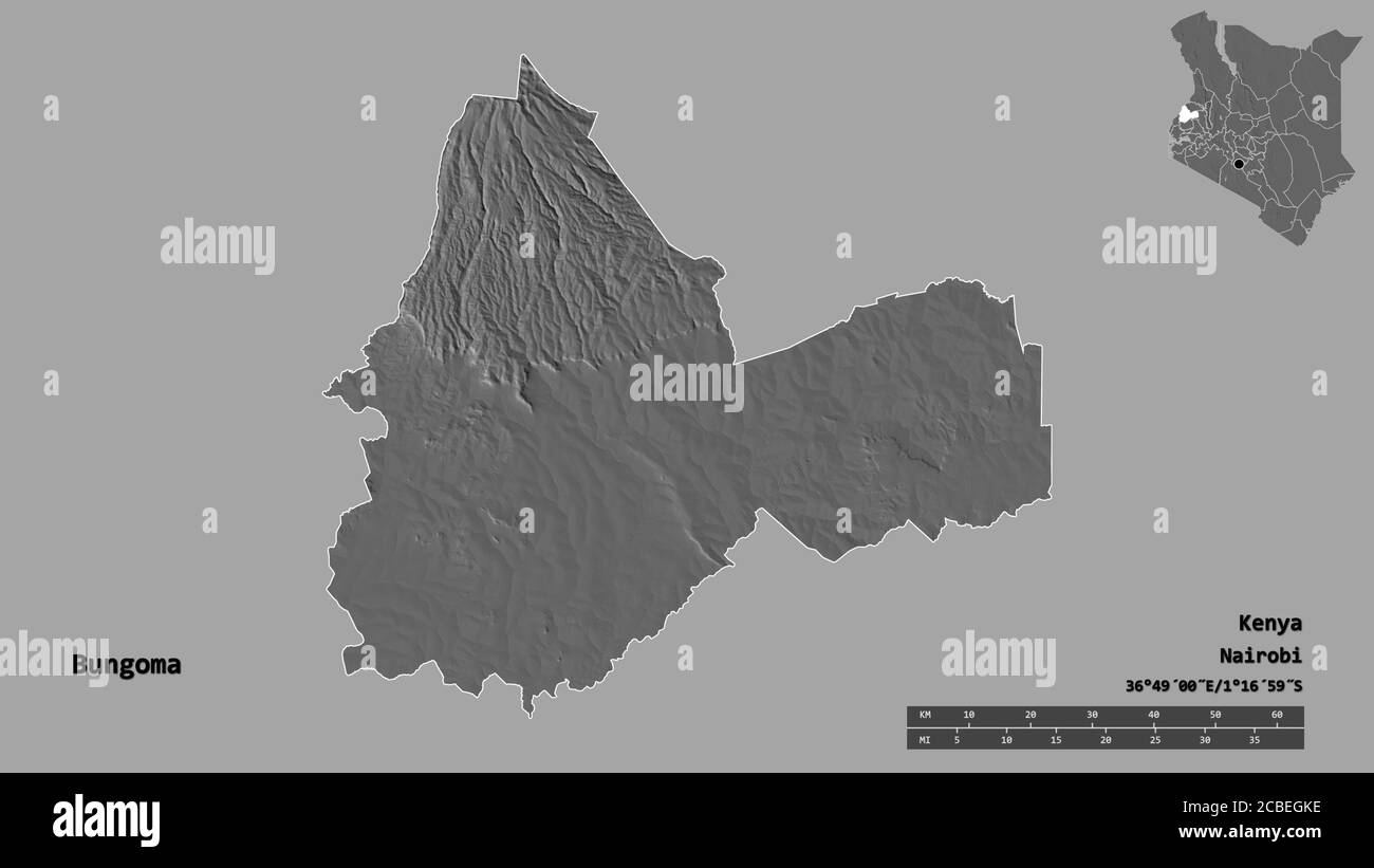 Shape of Bungoma, county of Kenya, with its capital isolated on solid ...