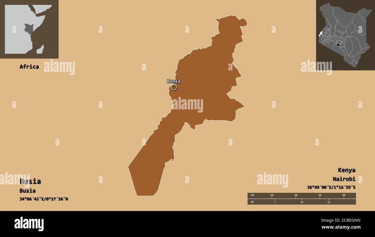 Shape of Busia, county of Kenya, and its capital. Distance scale ...