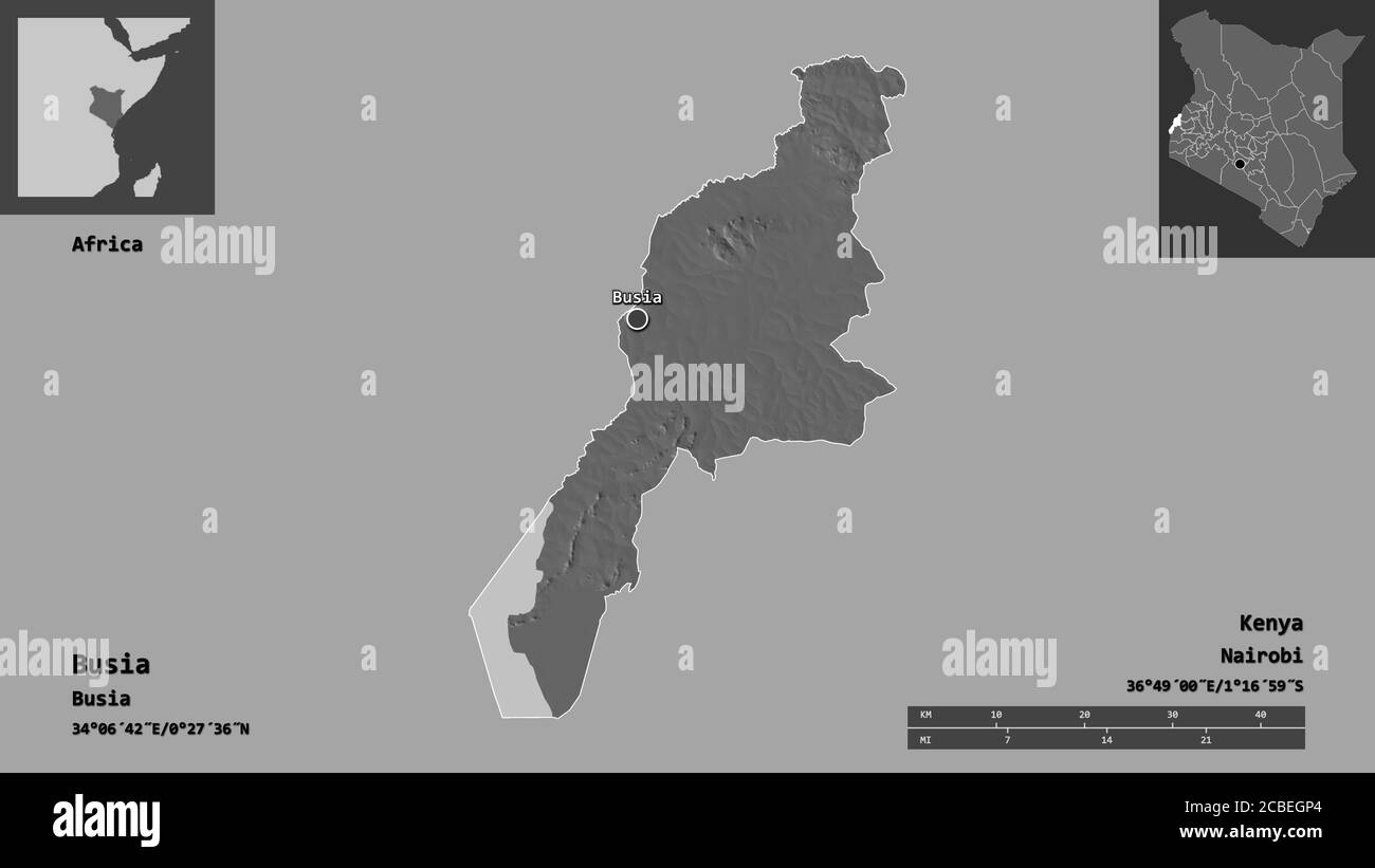 Shape of Busia, county of Kenya, and its capital. Distance scale ...